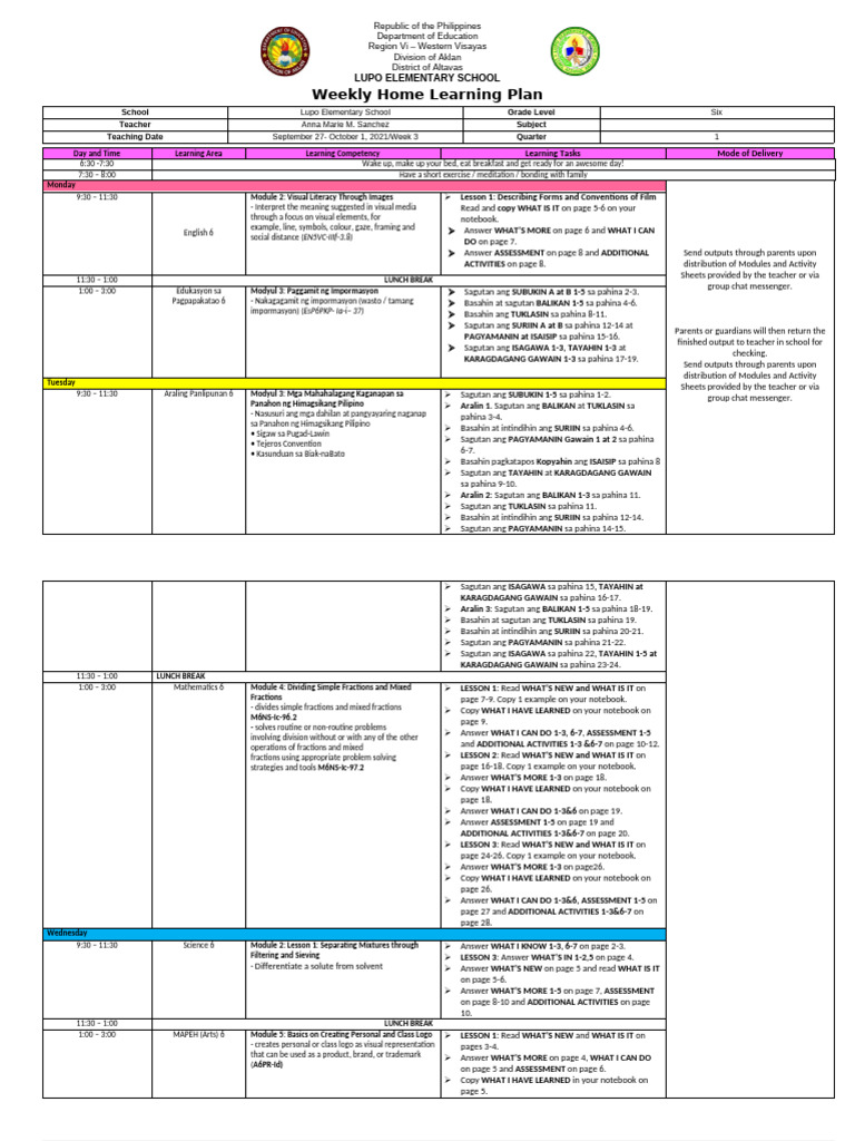 Q1W3 Weekly Home Learning Plan | PDF