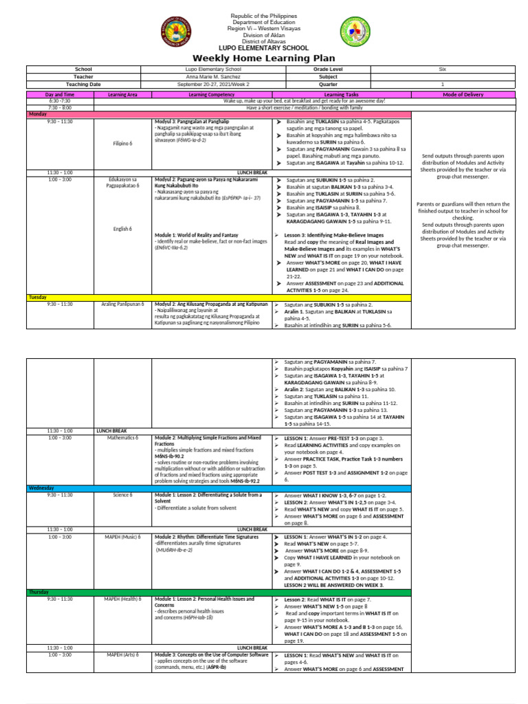 Q1W2 Weekly Home Learning Plan | PDF
