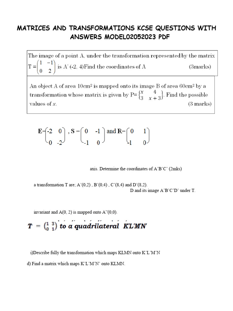 Matrices and Transformation Kcse Questions With Answers Model02052023 | PDF