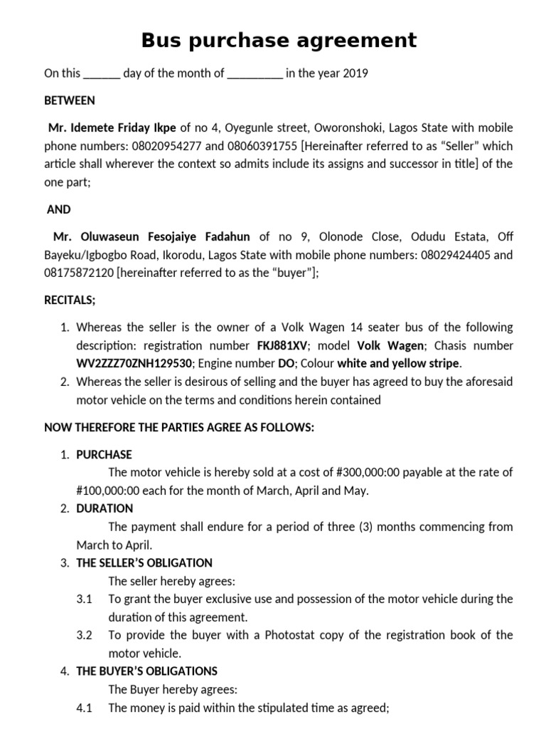 Bus Purchase Agreement | PDF