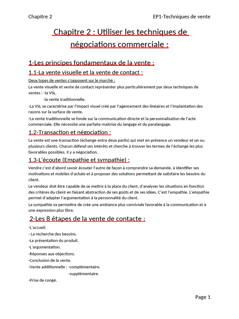 Chapitre 2 - Utiliser Les Techniques de Négociations Commerciale. | PDF