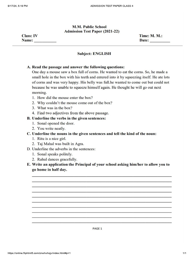 Admission Test Paper Class 4 | PDF