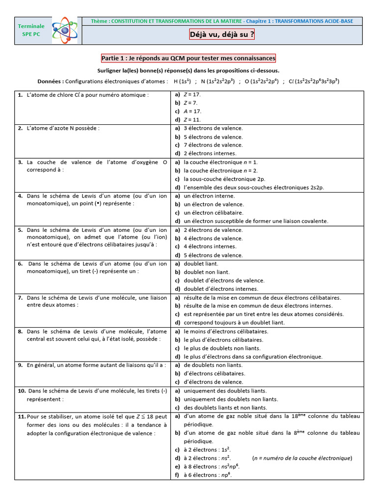 CHAP1 - QCM - Prérequis - Lewis ELEVE | PDF
