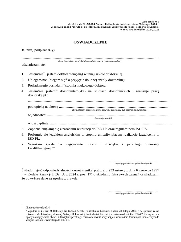 Załącznik Nr 6_Oświadczenie Kandydata 2024_2025 (1) | PDF