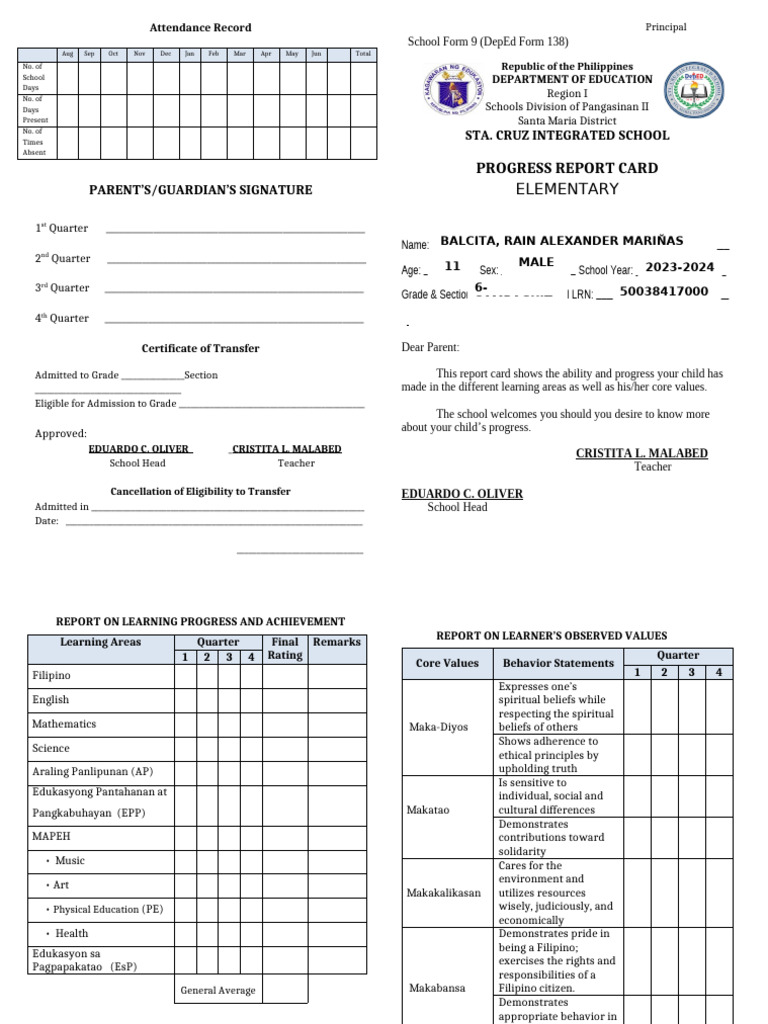 Form 138 Grade 3 Sy 2022 2023 - CLM | PDF