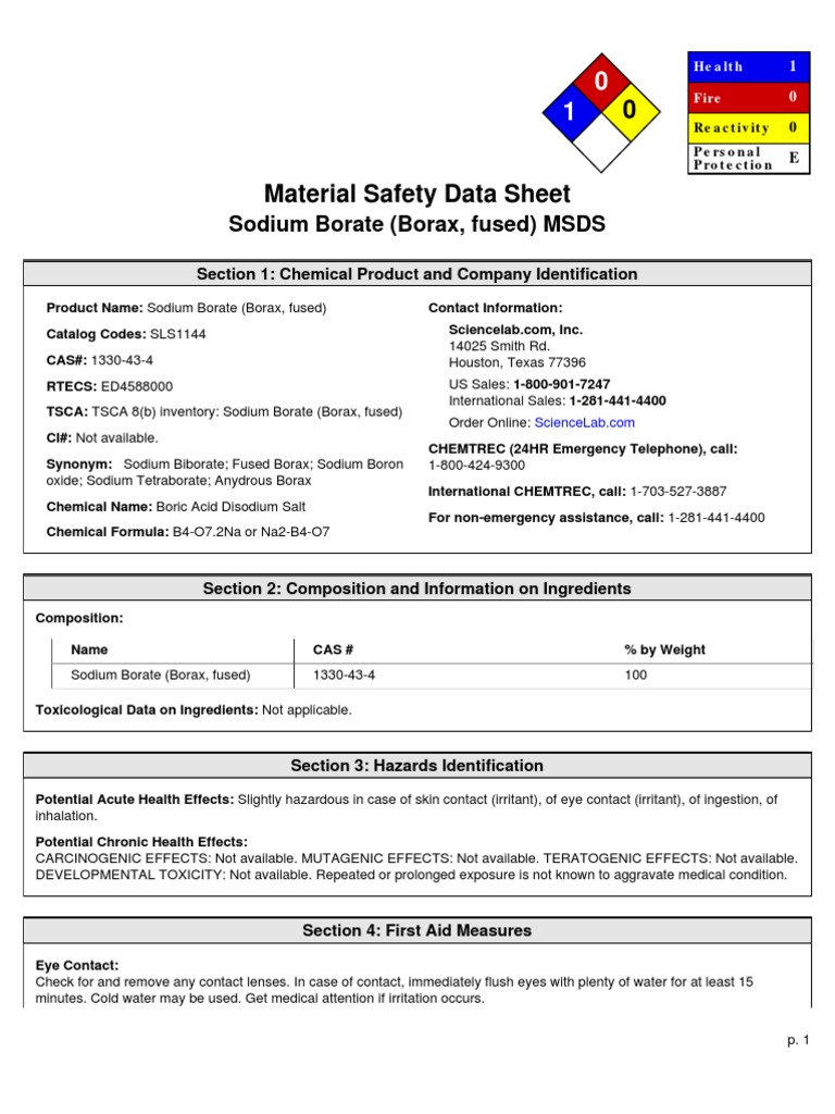 Msds Borax | Toxicity | Materials