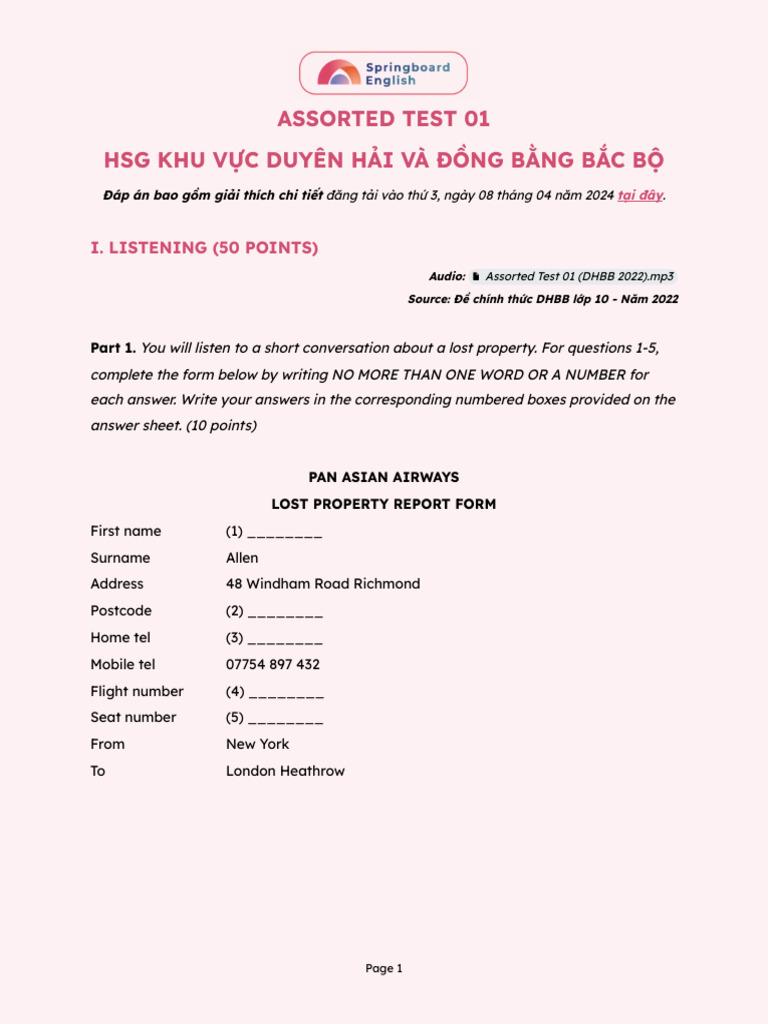 (Springboard Collected) DHBB Assorted Test 01 | PDF