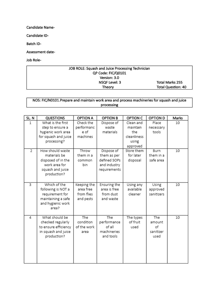 Squash and Juice Processing Technician FICQ0101 V3 QP | PDF