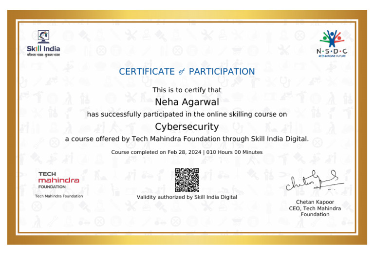NEHA CERTIFICATE - CYBER SEQURITY | PDF
