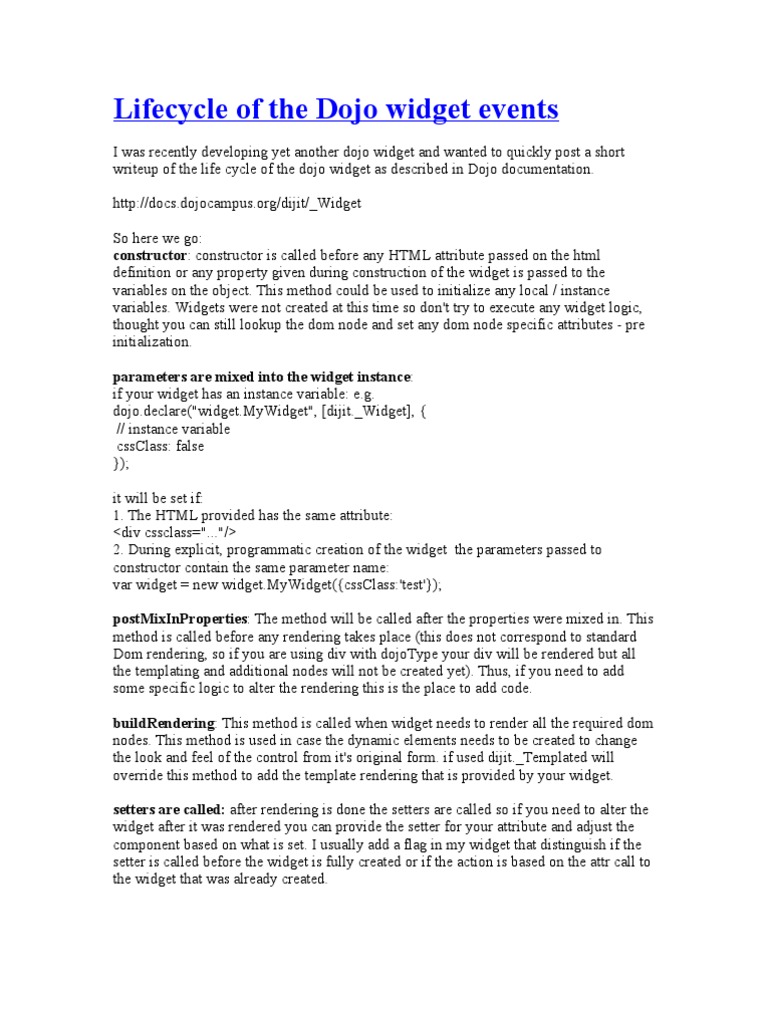 Lifecycle of The Dojo Widget Events | PDF | Document Object Model | Parameter (Computer Programming)