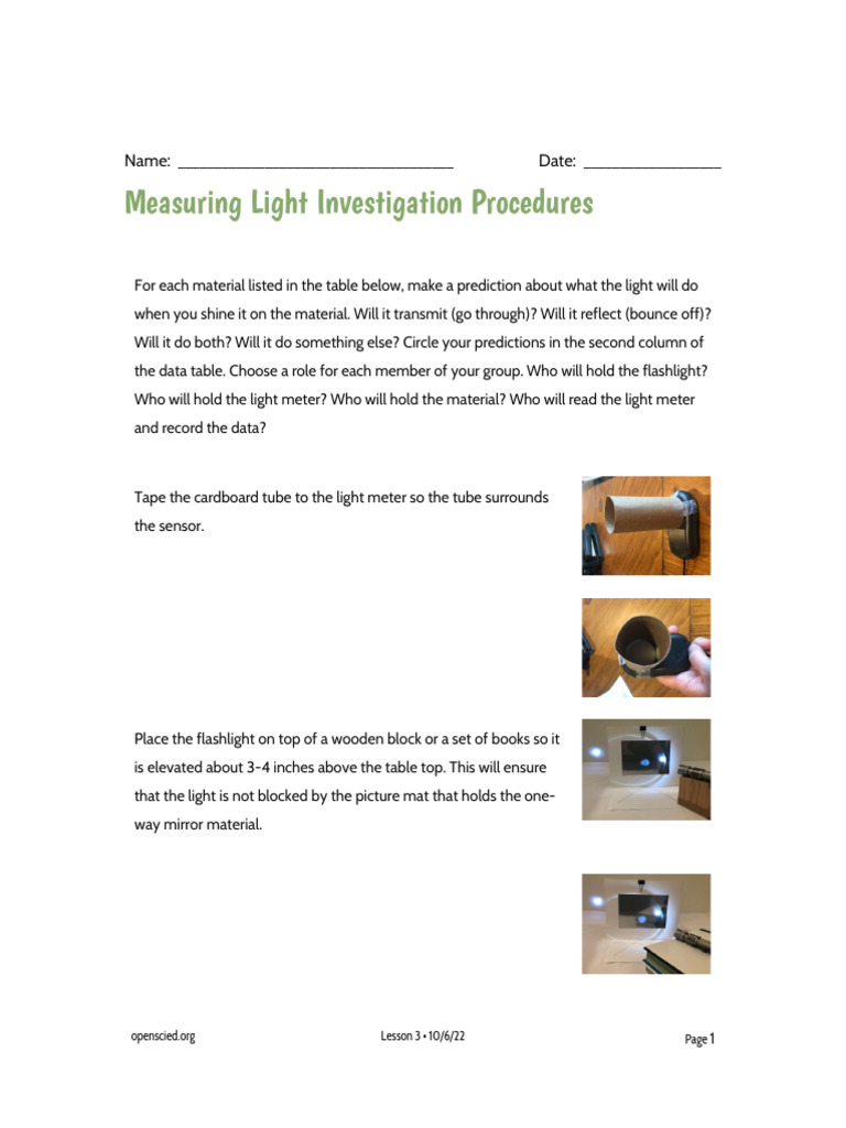 6.1 Lesson 3 Handout Measuring Light Investigation | PDF 6.1 Lesson 3 Handout Measuring Light Investigation | PDF