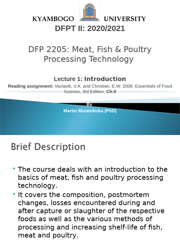 DFP 2205 - Meat, Fish & Poultry Processing Technology-Lecture 1 | PDF
