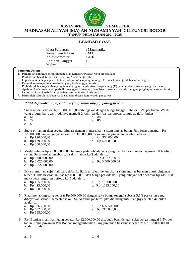 Soal MTK KLS Xi Ganjil | PDF