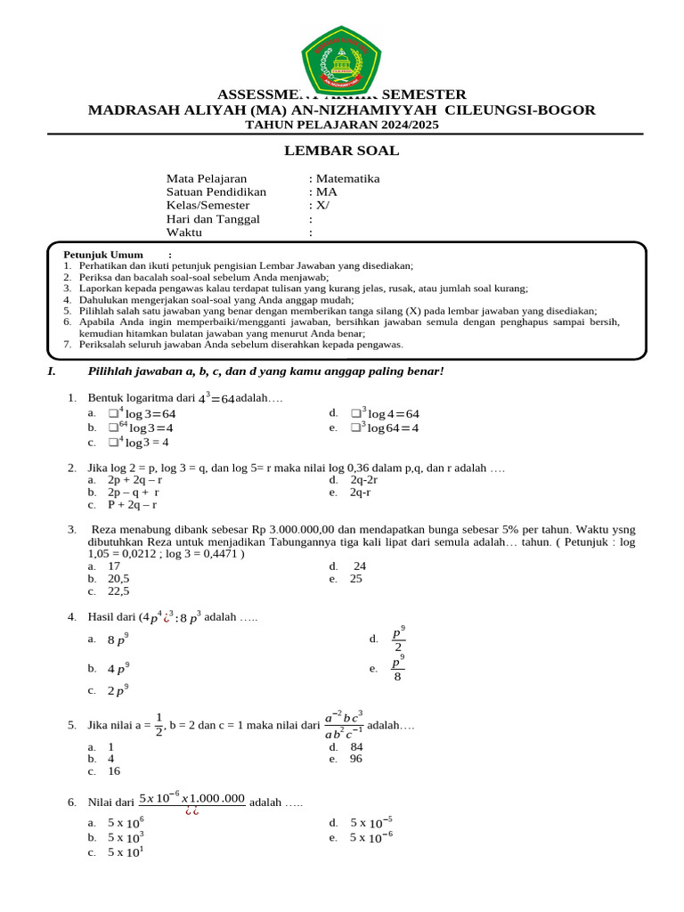 Soal MTK KLS X Ganjil | PDF