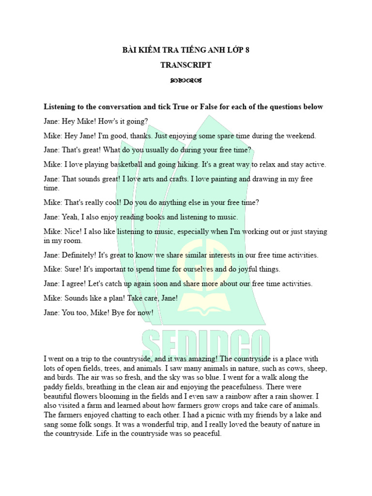 Bài Kiểm Tra Tiếng Anh 8 - Scripts | PDF