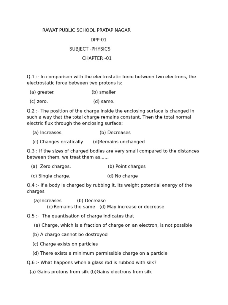 Chapter - 01 Electrostatic DPP-01 | PDF | Electricity | Teaching Methods & Materials