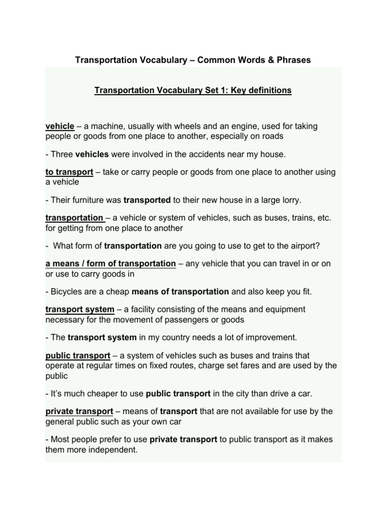 Vocab Transportation | PDF
