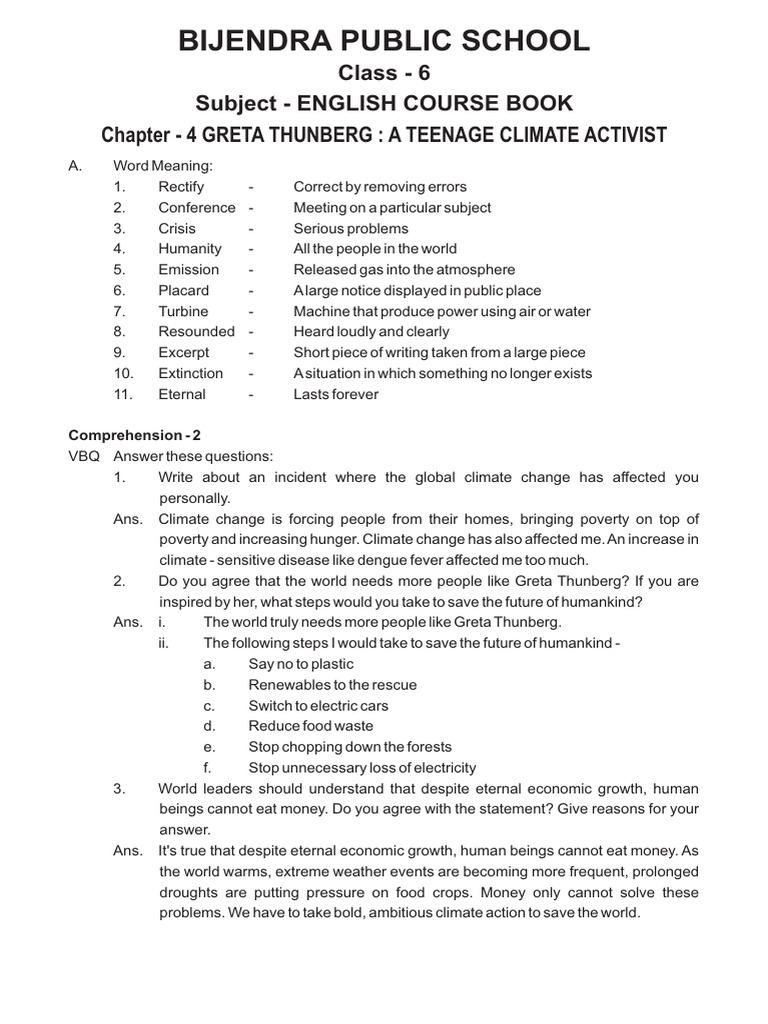 Class 6 Subject English Course Book Chapter 4 Greta Thunberg | PDF
