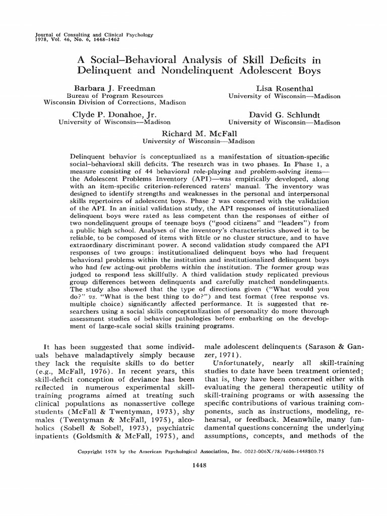 Freedman Et Al. (1978) - A Social-Behavioral Analysis of Skill Deficits ...