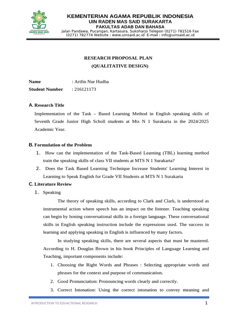 SAMPLE OF RESEARCH PROPOSAL PLAN (QUALITATIVE DATA_240807_185201 | PDF