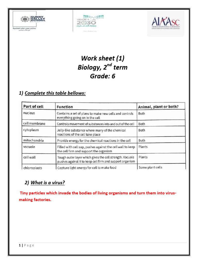 Work sheet 1 second term . Biology .grade 6 m | PDF