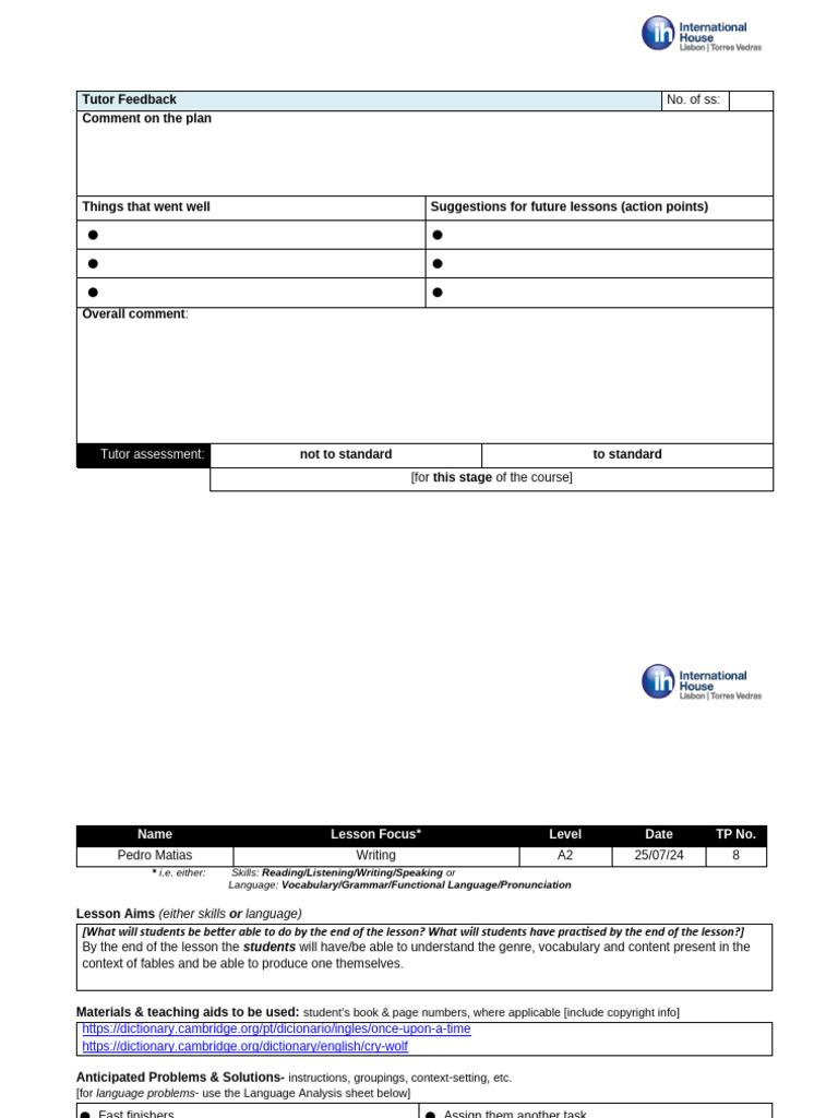 Lesson Plan and Tutor Evaluation - TP8 - Pedro Matias | PDF | Linguistics | Human Communication