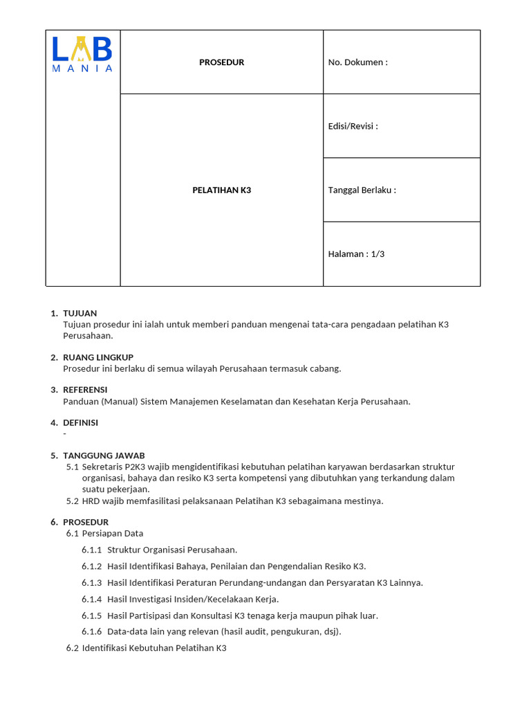 P SOP K3 003 Prosedur Pelatihan K3 (1) Edit | PDF