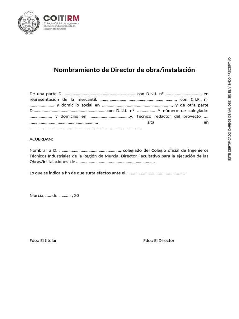 Nombramiento de Director de Obra Instalacion 4 2020 | PDF