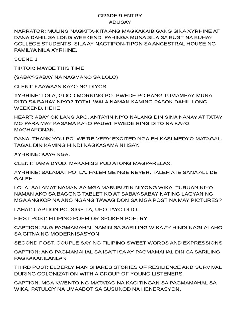 Grade 9 Entry Dula Script - Adusay | PDF