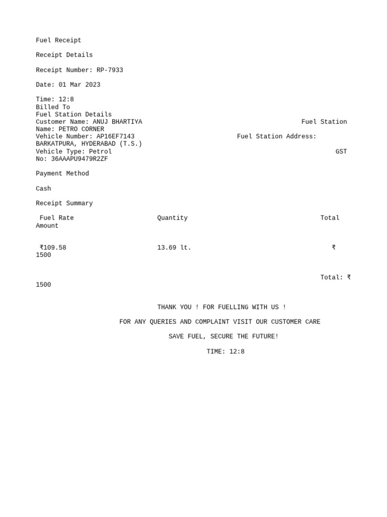 Fuel Bill Format | PDF