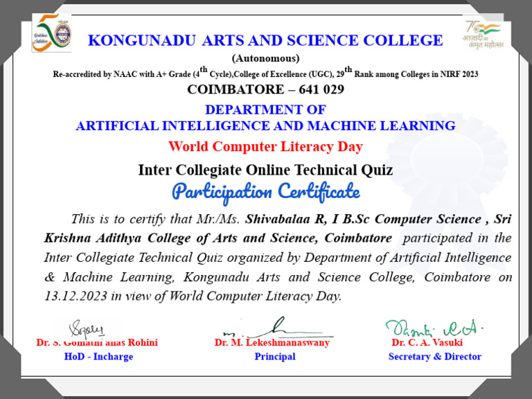 Shivabalaa R - KASC - AIML - Quiz Certificate | PDF
