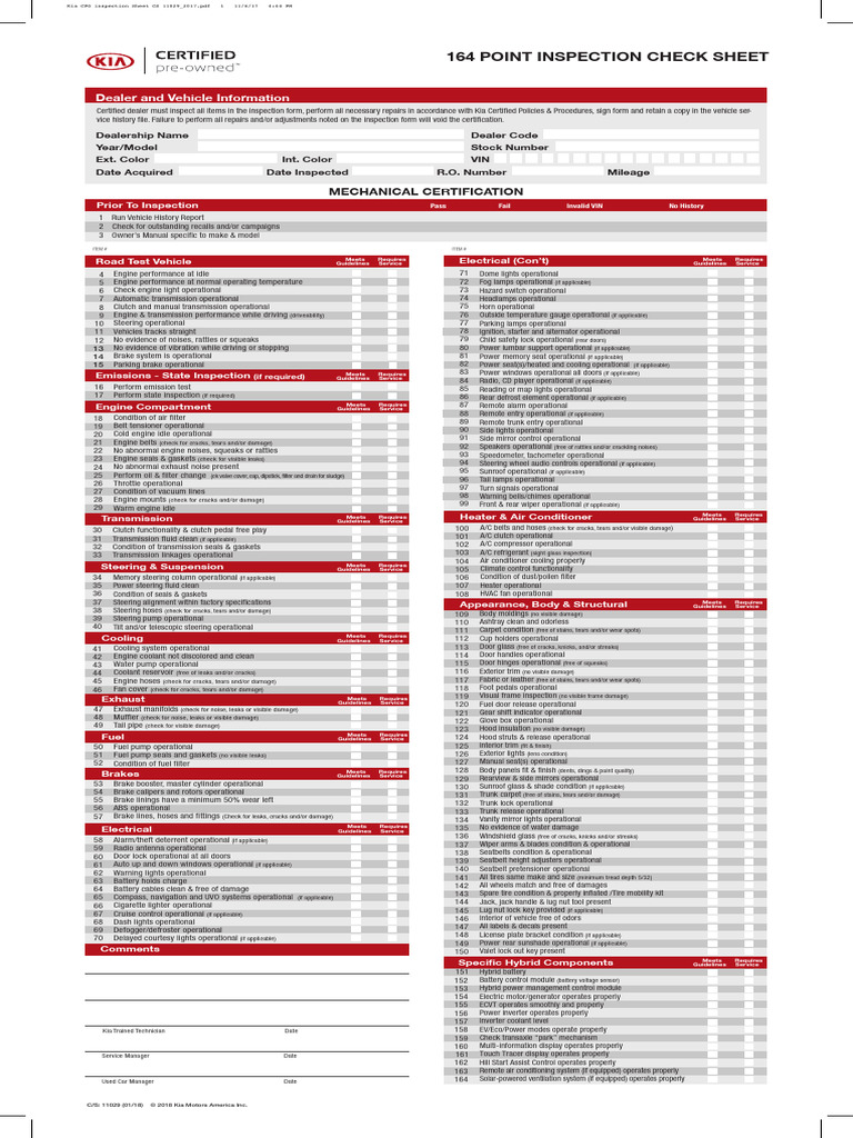 Kia CPO 164 Point Inspection Sheet | PDF