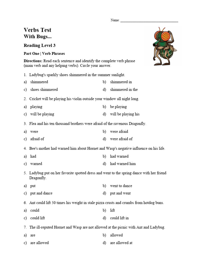 Verbs Test for Young Readers | PDF | Fly | Insects