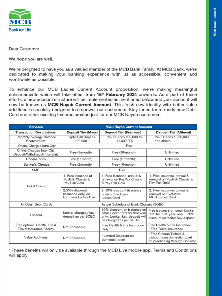 Customer Letter MCB Nayab Current Account 8 January 2024 | PDF