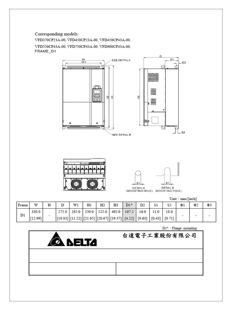 VFD-CP2000_Dimensions for Frame D1 | PDF