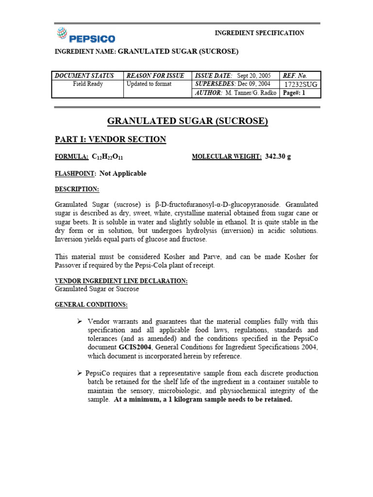 Granulated Sugar (Sucrose) 17232sug | PDF