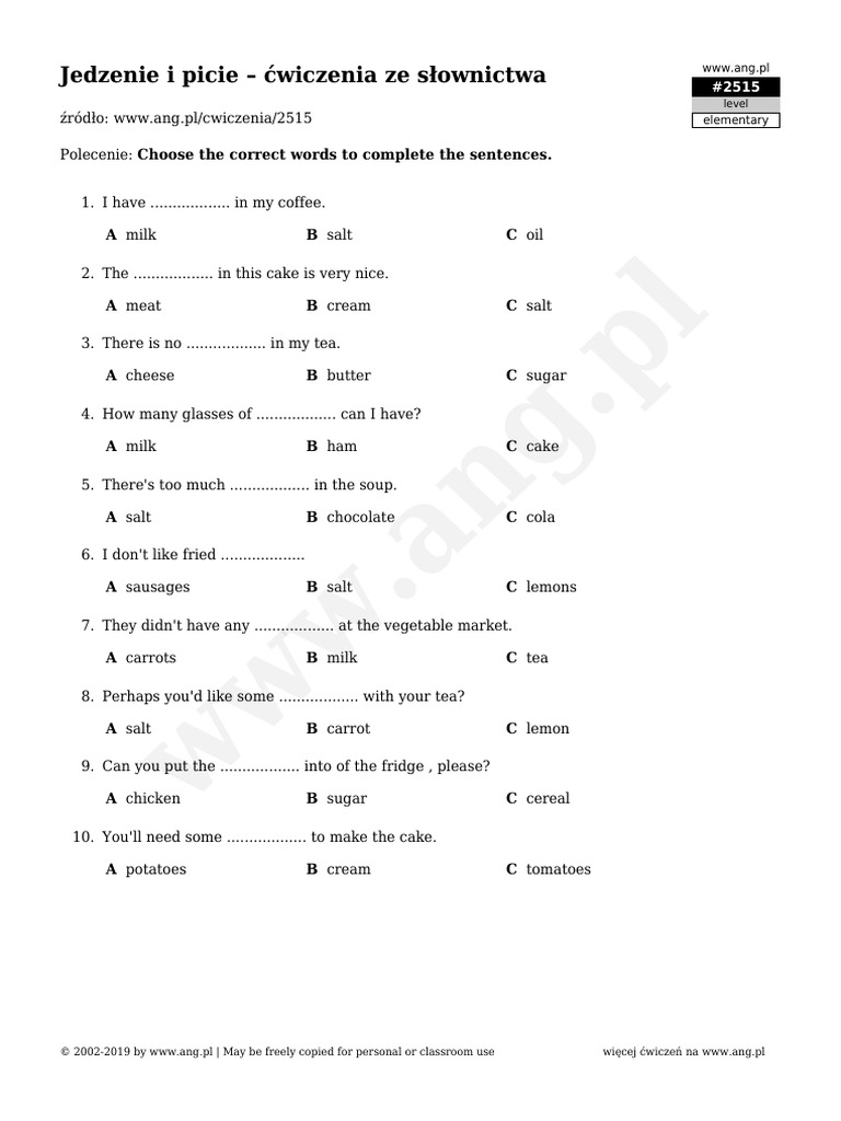 WWW - Ang.pl: Jedzenie I Picie - Ćwiczenia Ze Słownictwa | PDF