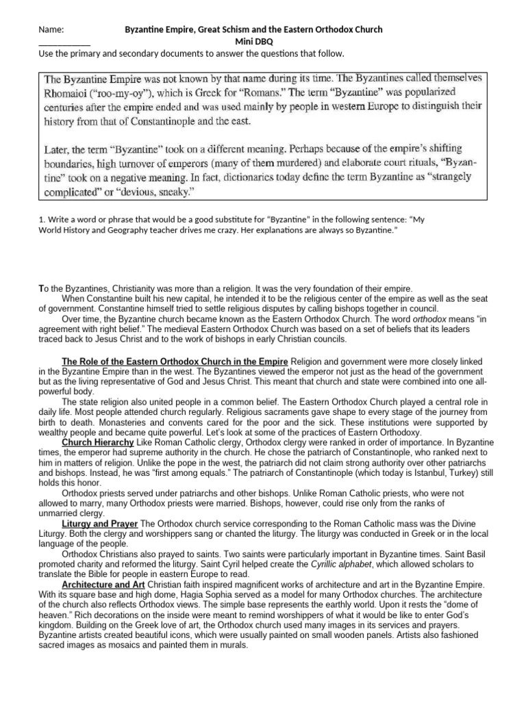 Byzantine Empire and The Eastern Orthodox Church Mini DBQ.V2 | PDF