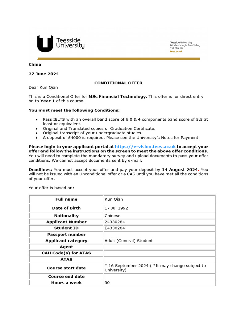Conditional Offer For Kun Qian | PDF