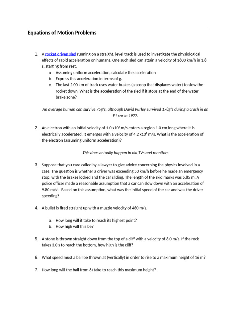 Unit 2 - Equations of Motion Problems Worksheet | PDF | Acceleration | Mechanics