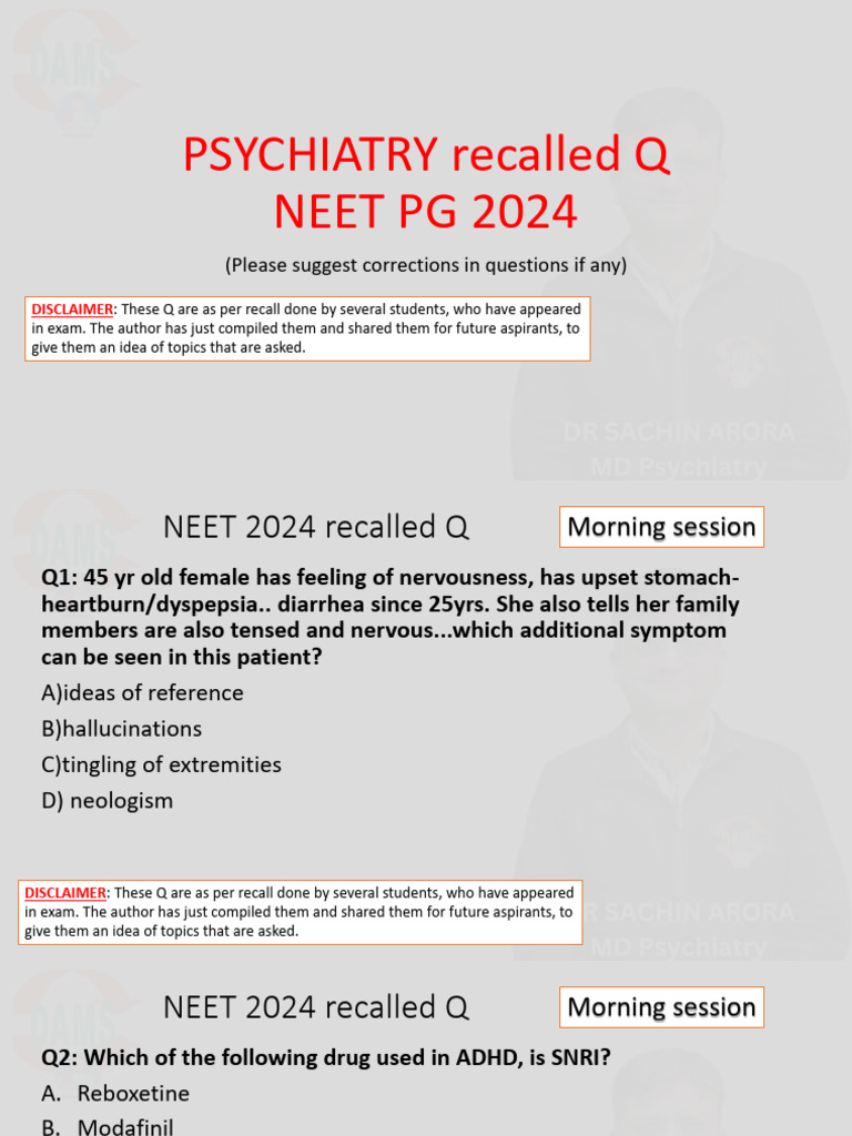 PSYCHIATRY NEET PG 2024 Recall | PDF | Abnormal Psychology | Career & Growth