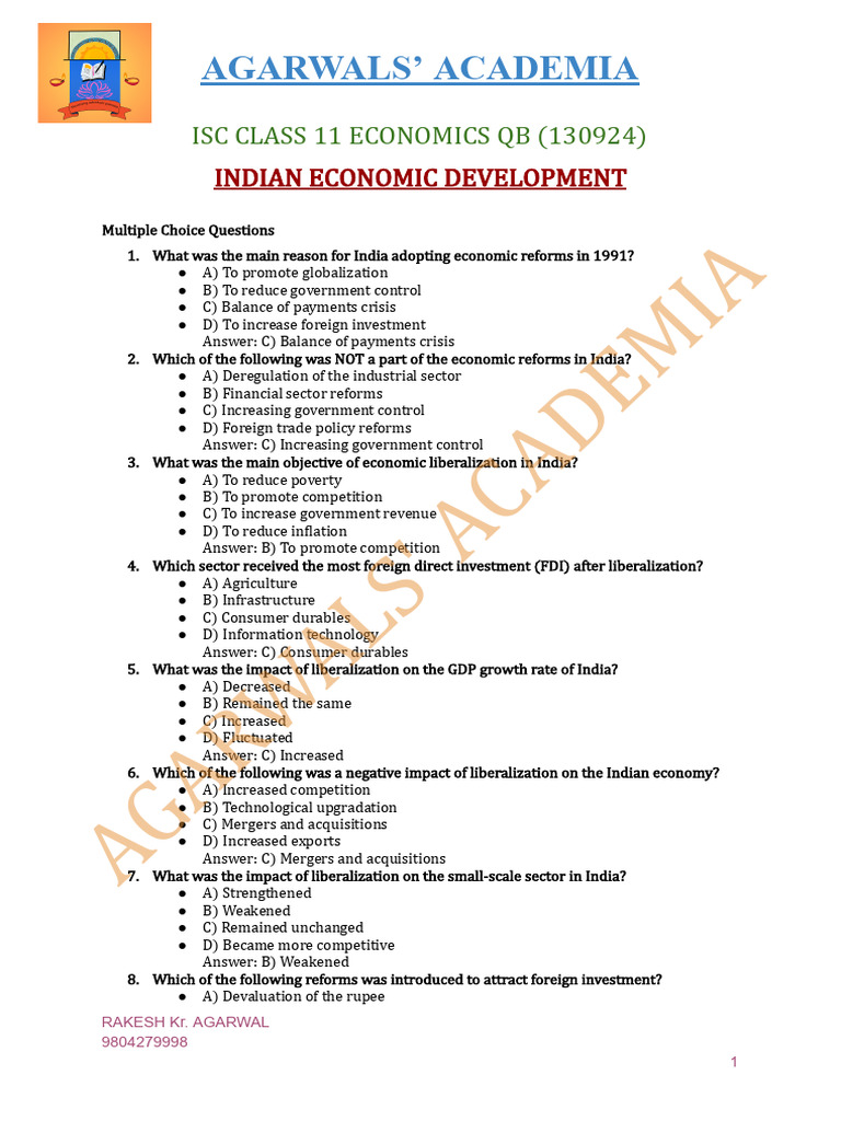 Isc Class 11 Economica Indian Economic Development Question Bank | PDF ...