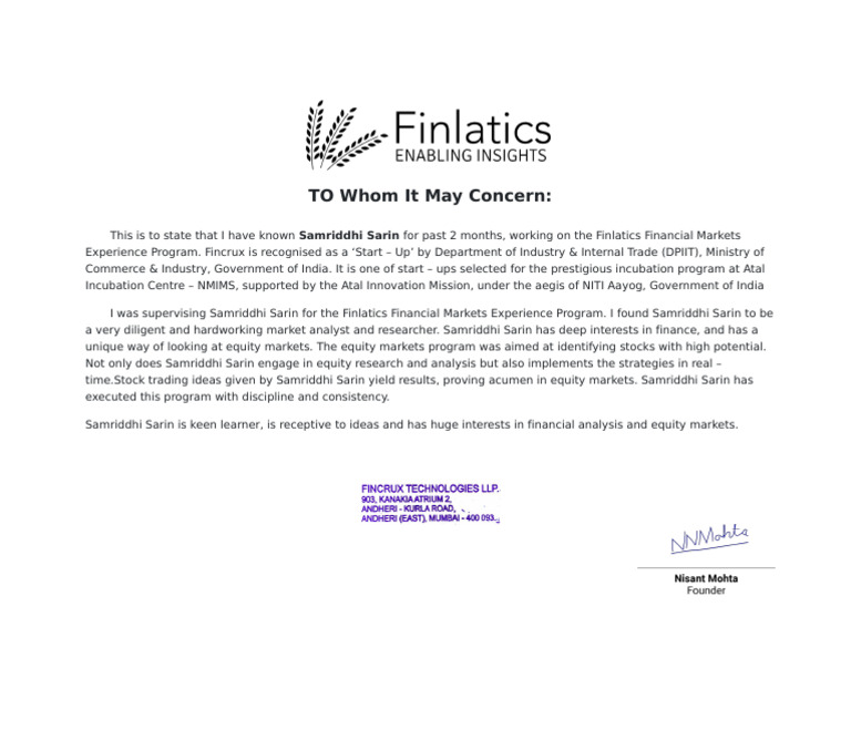 Letter of Recommendation Finlatics | PDF