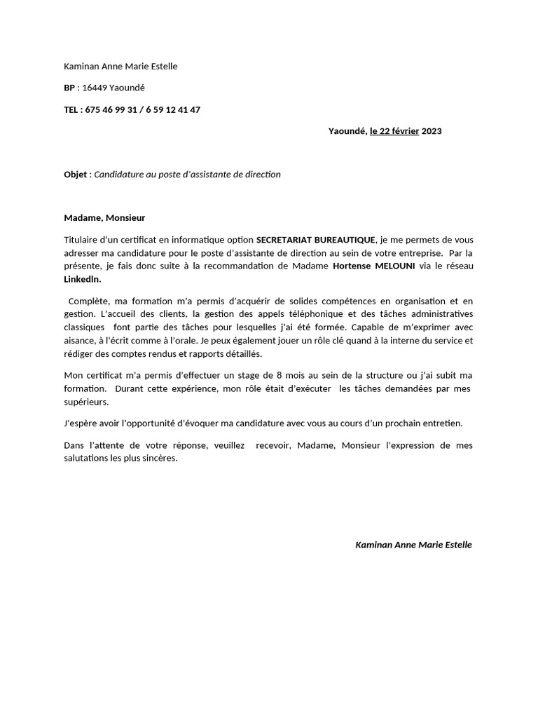 Lettre de Motivation Pour Le Poste D'assistante de Direction | PDF
