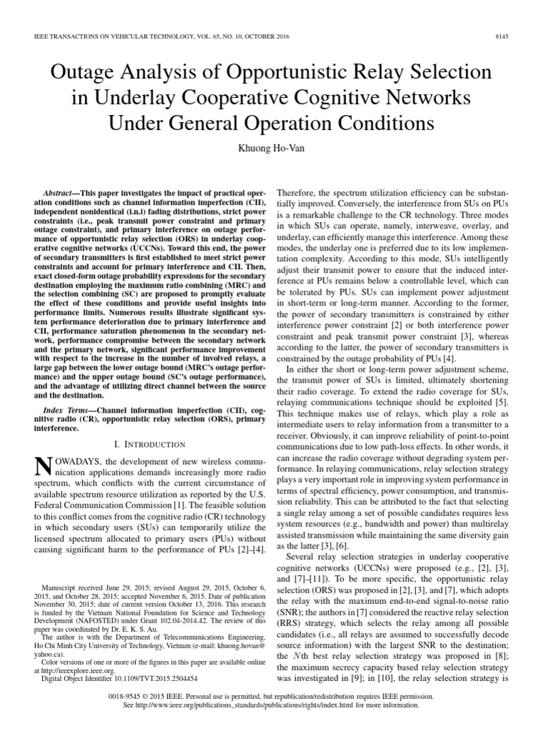 Outage Analysis of Opportunistic Relay Selection in Underlay Cooperative Cognitive Networks ...