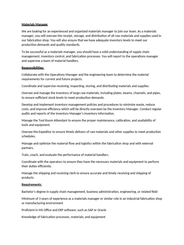 Materials Manager Job Description | PDF
