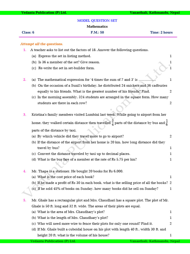 Latest Model Question Class 6 20220105141134 | PDF
