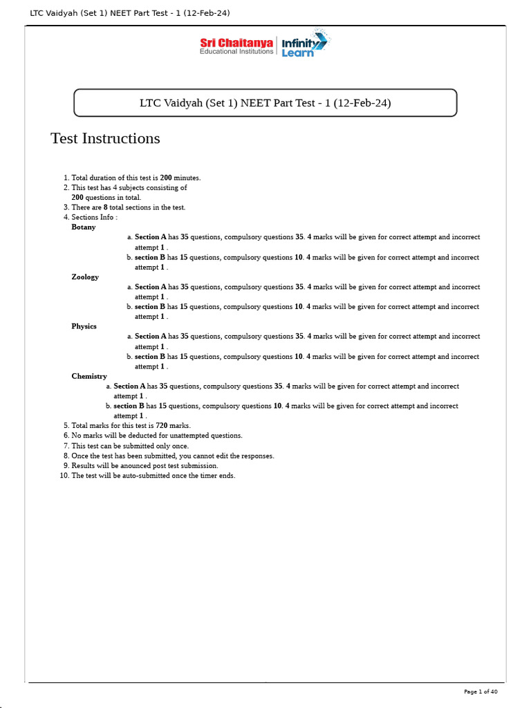 LTC Vaidyah (Set 1) NEET PT - 1 (12-Feb-24) - QP - Final | PDF