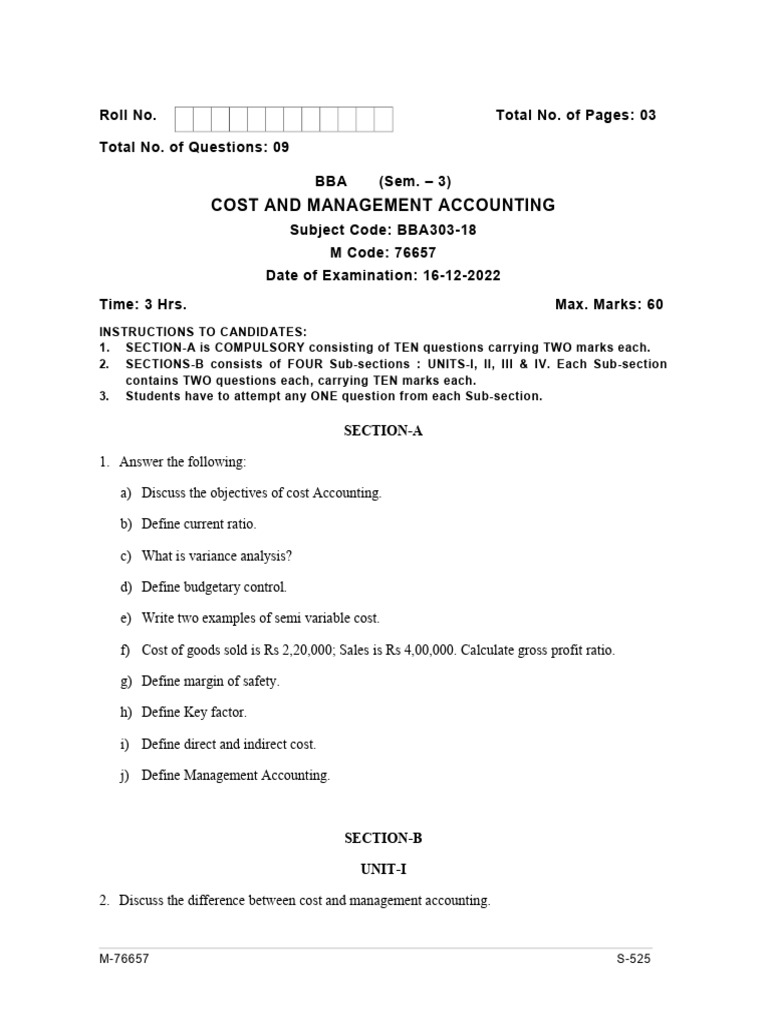 Bba 3 Sem Cost and Management Accounting 76657 Dec 2022 | PDF