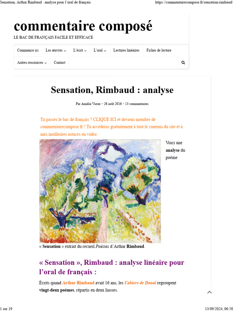Sensation, Arthur Rimbaud - Analyse Pour L'oral de Français | PDF
